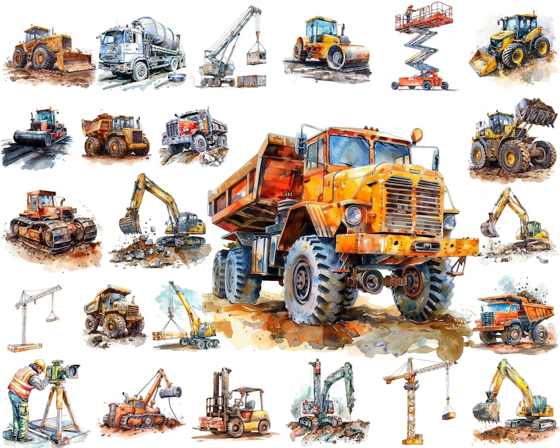 Watercolor Construction Vehicles Clipart: PNG Bundle (commercial Use ...