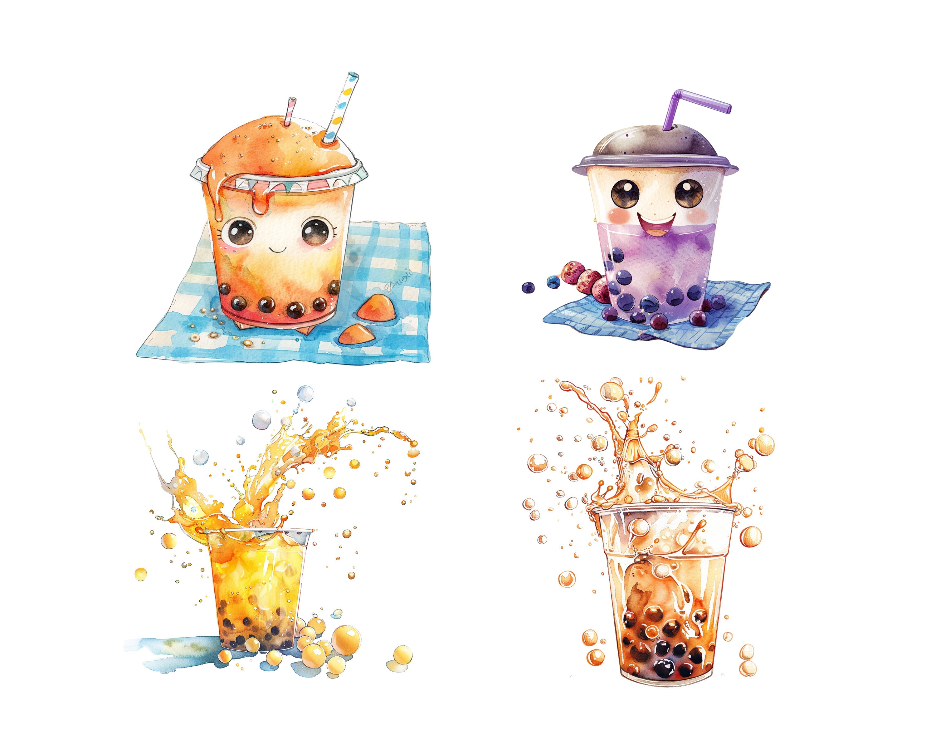 Watercolor Bubble Tea PNG Clipart Bundle, Boba Milk Tea Drink Dessert ...