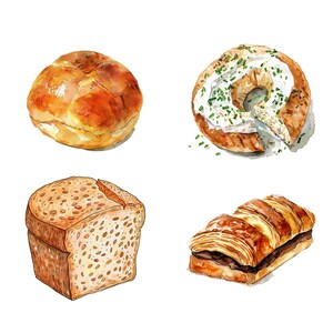 Watercolor Bread Baked Food PNG Clipart Bundle, French Baguette Pretzel ...