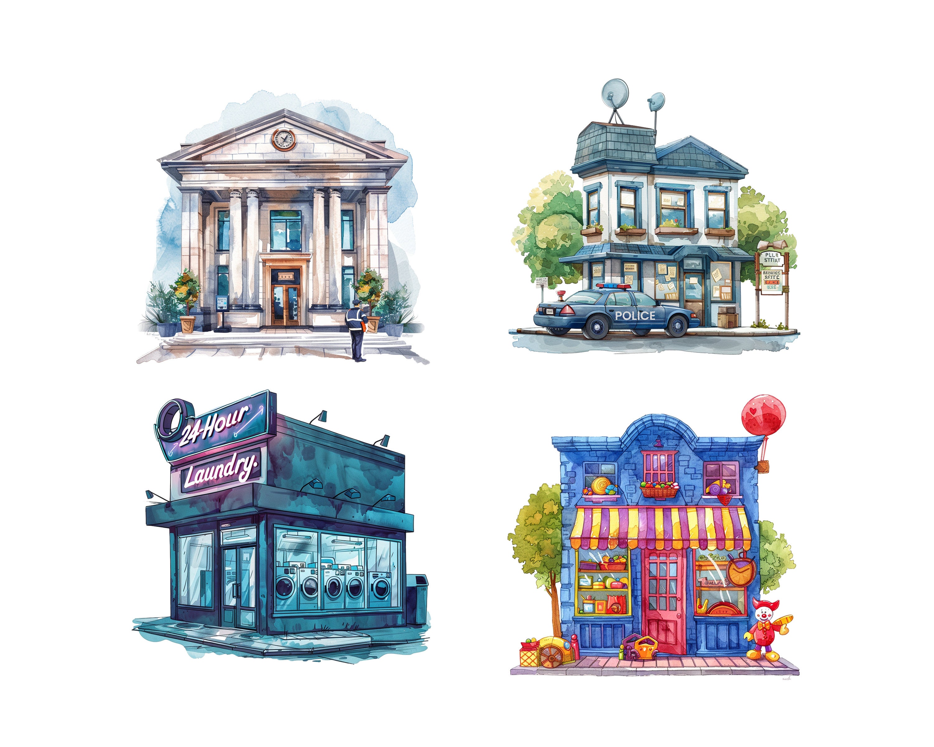 Watercolor Community Buildings PNG Clipart Bundle, Instant Download ...