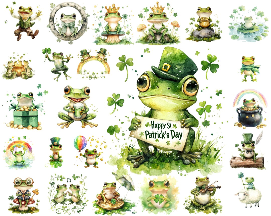 St. Patrick's Day Frog PNG Clipart Bundle, Watercolor Leprechaun Frog ...