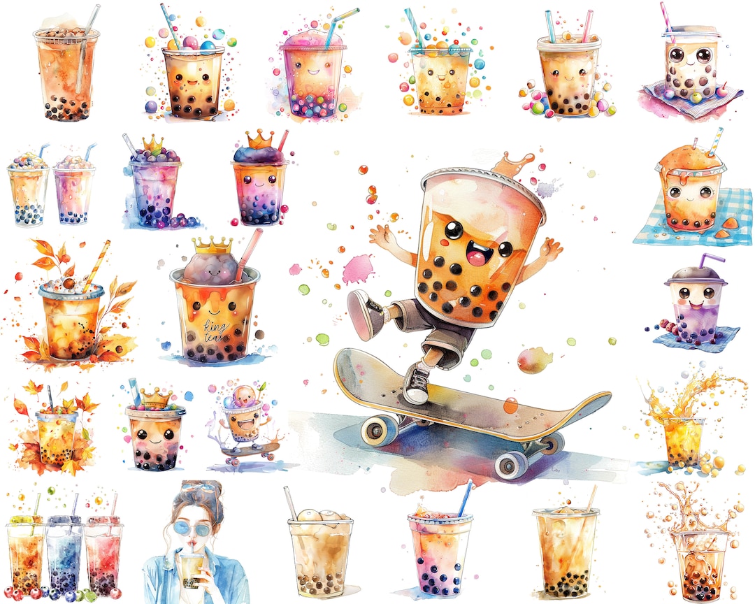 Watercolor Bubble Tea PNG Clipart Bundle, Boba Milk Tea Drink Dessert ...