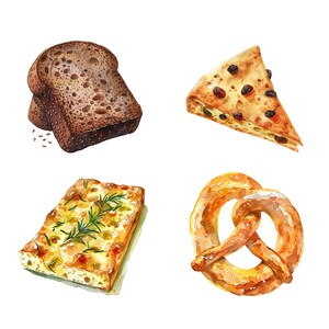 Watercolor Bread Baked Food PNG Clipart Bundle, French Baguette Pretzel ...