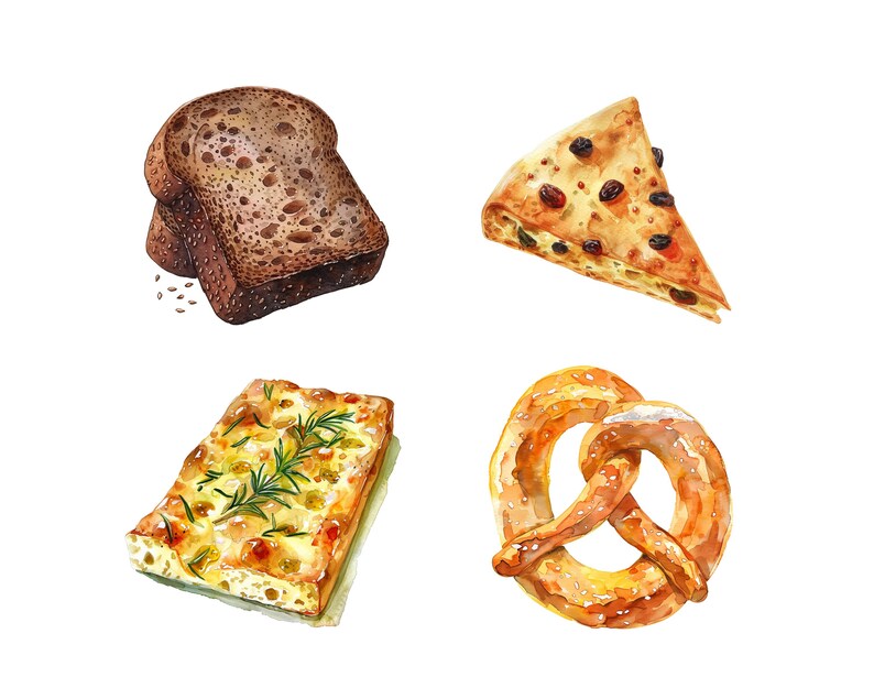 Watercolor Bread Baked Food PNG Clipart Bundle, French Baguette Pretzel ...