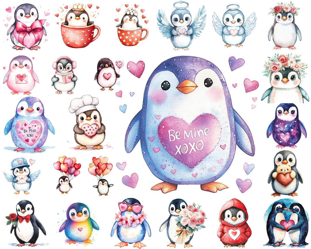 Watercolor Valentine Penguin PNG Clipart Bundle, Heart Themes, Romantic ...