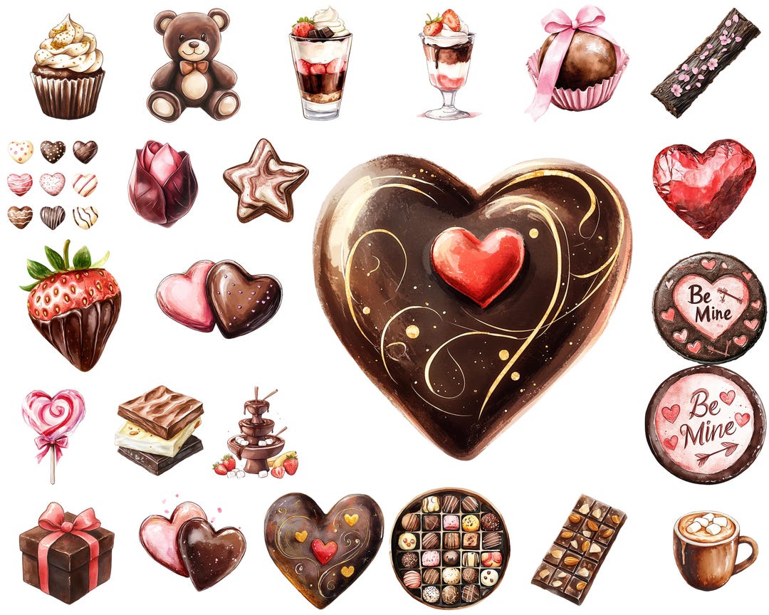 Valentine Chocolate PNG Clipart Bundle, Watercolor Sweet Hearts Design ...