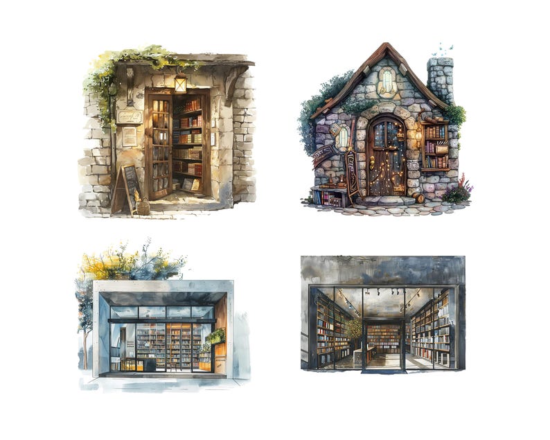 Watercolor Bookstore Clipart Bundle: Cozy Bookshop PNG (digital ...