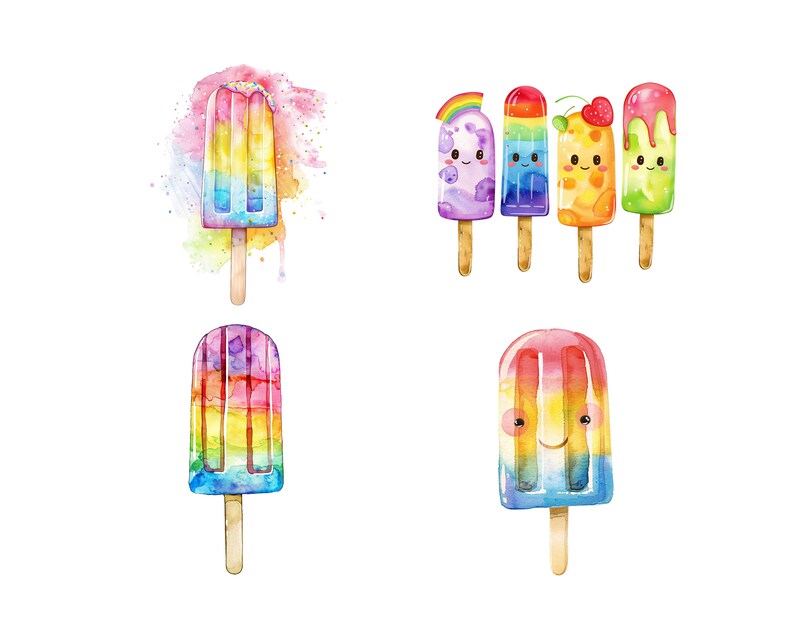 Watercolor Popsicles PNG Clipart Bundle, Summer Treats, Rainbow Juicy ...