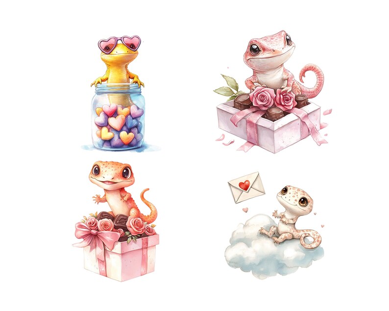 Watercolor Valentine Gecko, Romantic Heart Geckos, Love Reptile Clip ...