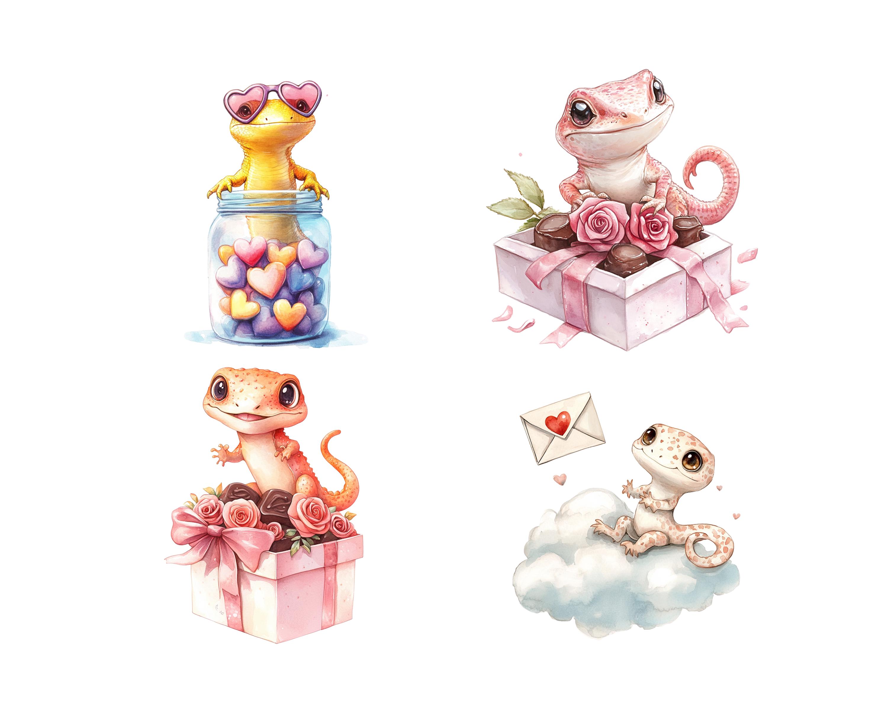 Watercolor Valentine Gecko, Romantic Heart Geckos, Love Reptile Clip ...