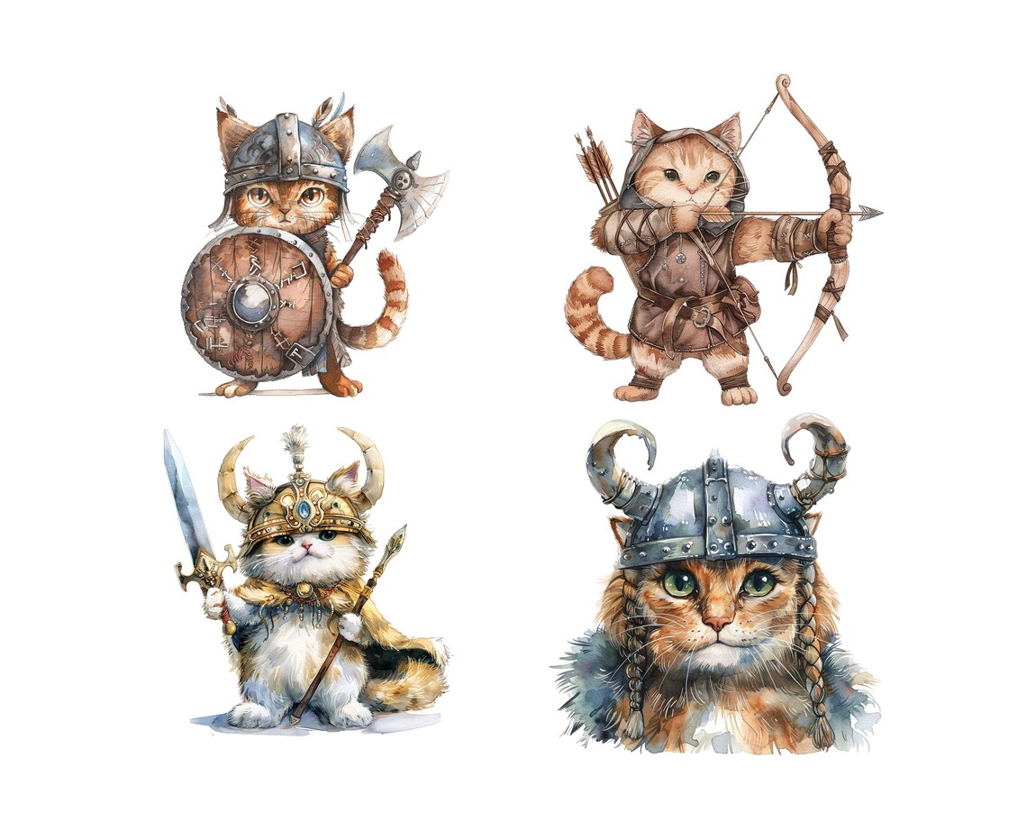 Viking Cat PNG Clipart Bundle, Watercolor Kitten Warrior Nursery Decor ...