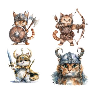 Viking Cat PNG Clipart Bundle, Watercolor Kitten Warrior Nursery Decor ...