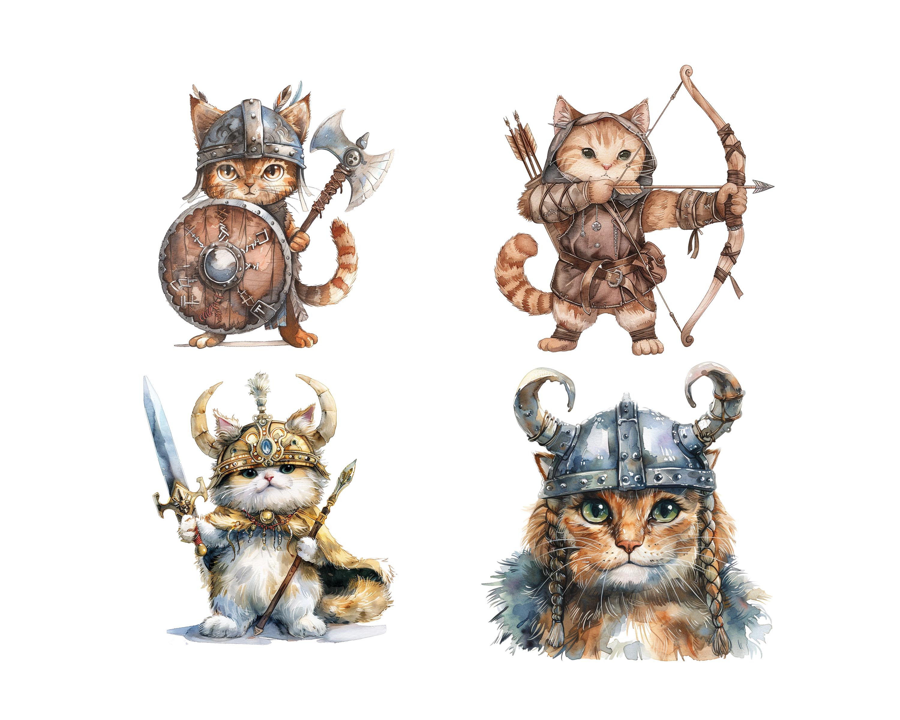 Viking Cat PNG Clipart Bundle, Watercolor Kitten Warrior Nursery Decor ...