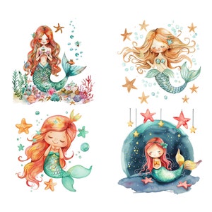 Watercolor Cute Mermaid PNG Clipart Bundle, Kids Nursery Undersea Ocean ...