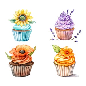 Watercolor Summer Flowers Cupcake PNG Clipart Bundle, Bakery Dessert ...
