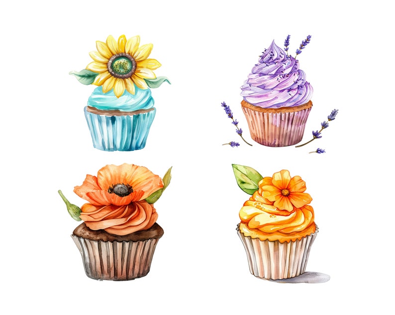 Watercolor Summer Flowers Cupcake PNG Clipart Bundle, Bakery Dessert ...