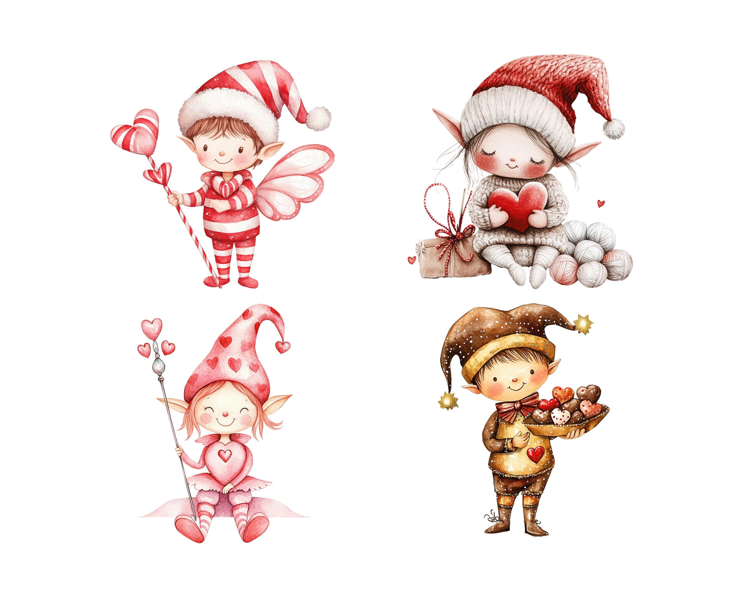 Watercolor Valentine Elf Clipart Bundle: Love Hearts (PNG, Commercial ...