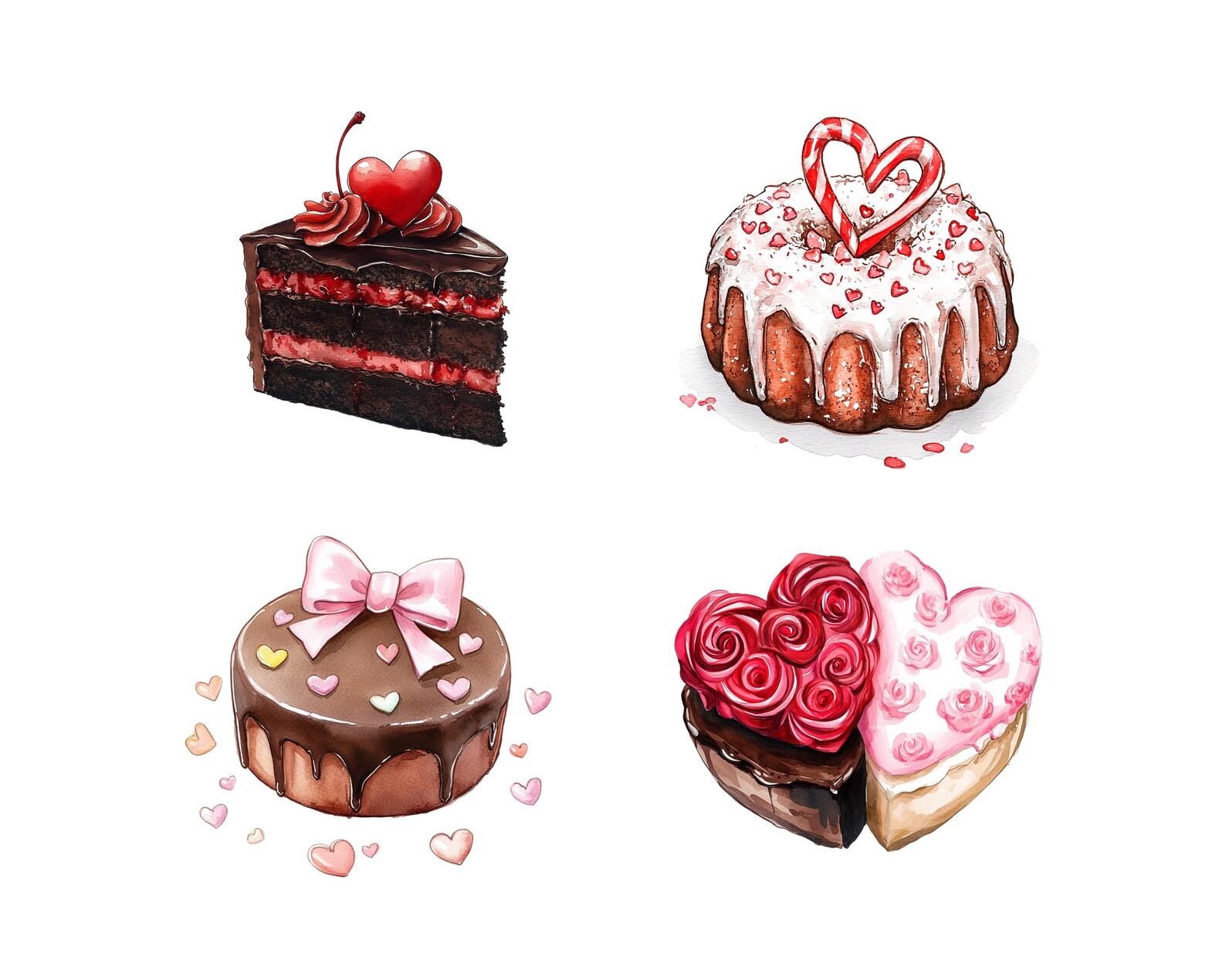 Valentine Cake PNG Clipart Bundle, Watercolor Heart Romantic Cupcake ...