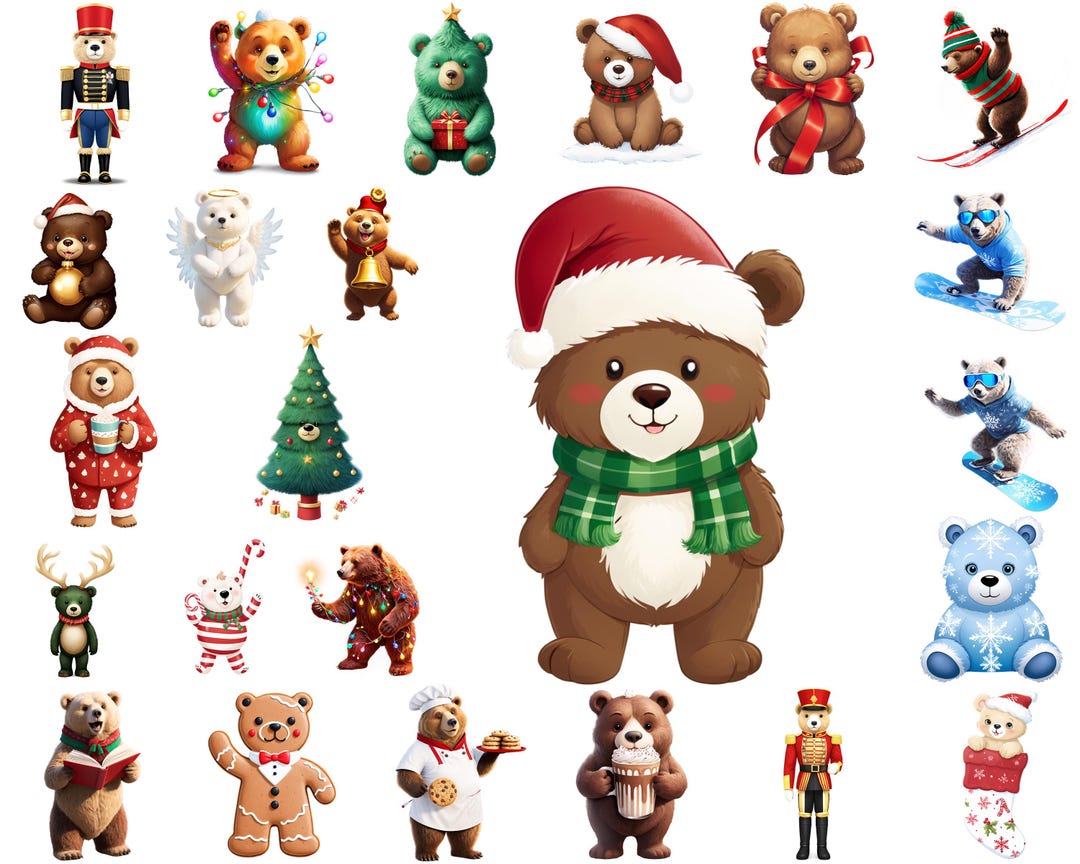 Christmas Bear PNG Clipart Bundle, Cute Santa Bear Holiday Nursery ...