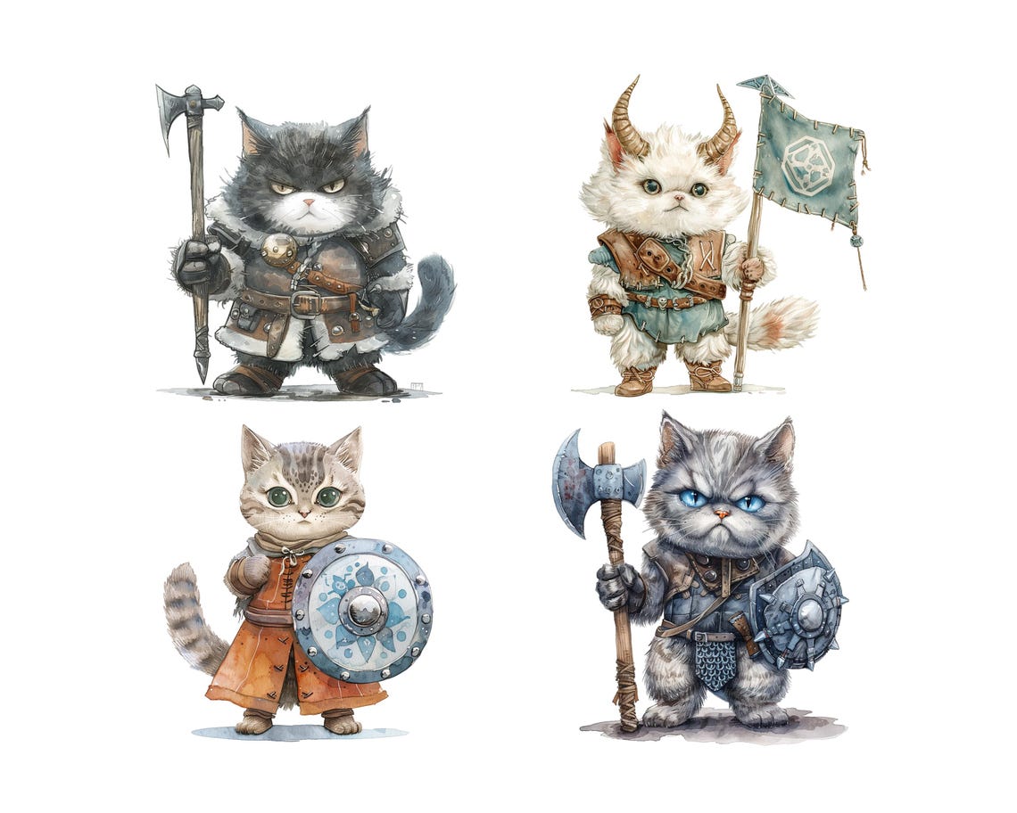 Viking Cat PNG Clipart Bundle, Watercolor Kitten Warrior Nursery Decor ...