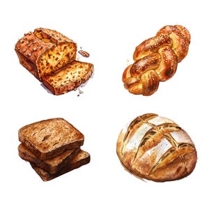 Watercolor Bread Baked Food PNG Clipart Bundle, French Baguette Pretzel ...