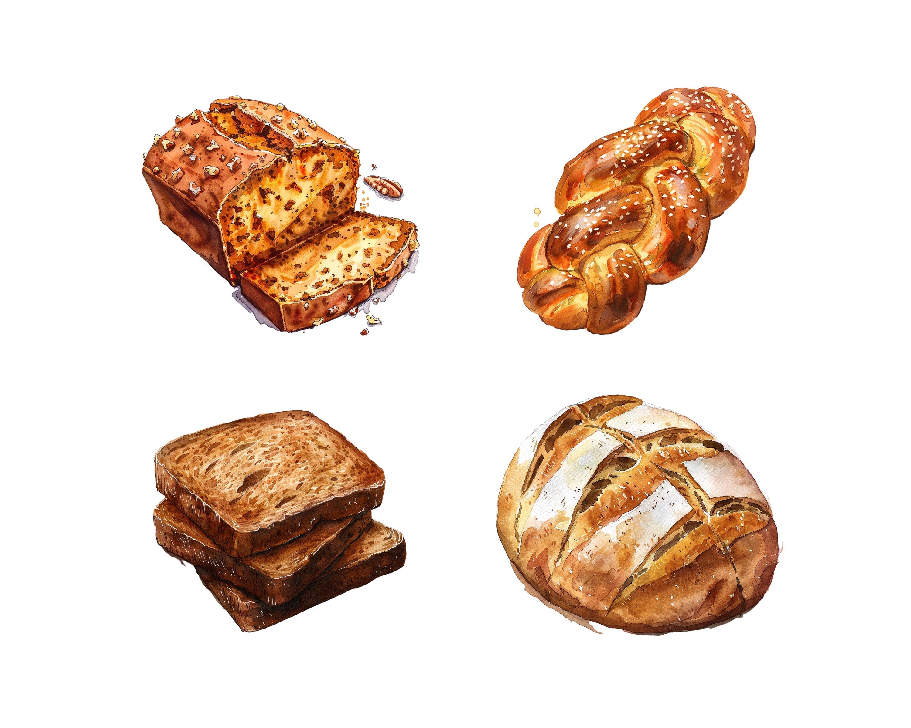 Watercolor Bread Baked Food PNG Clipart Bundle, French Baguette Pretzel ...