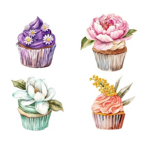 Watercolor Summer Flowers Cupcake PNG Clipart Bundle, Bakery Dessert ...