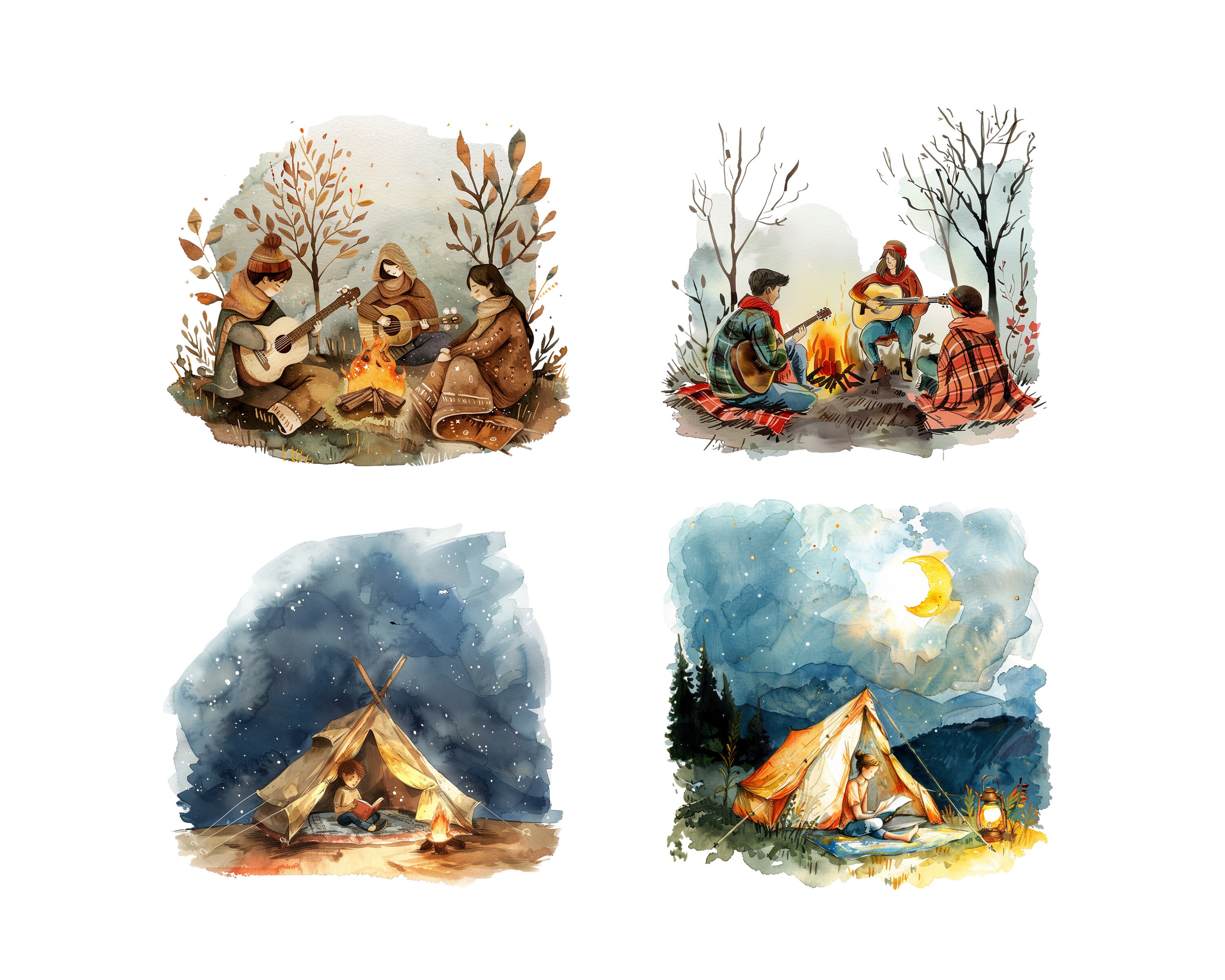 Watercolor Camping PNG Clipart Bundle, Mountain Landscape Campsite Tent ...