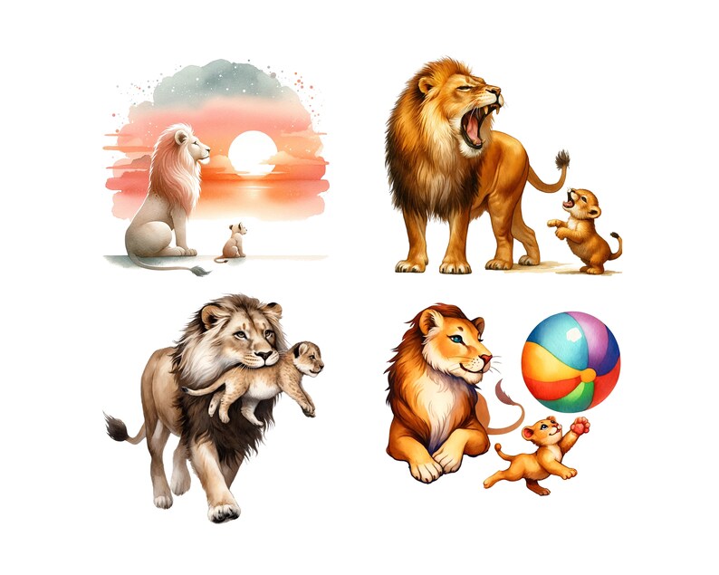Watercolor Mama and Baby Lion PNG Clipart Bundle, Nursery Decor ...