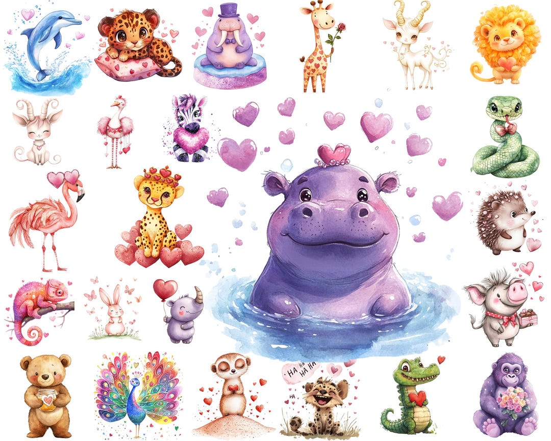 Valentine Safari Animals PNG Clipart Bundle, Watercolor Safari Friends ...