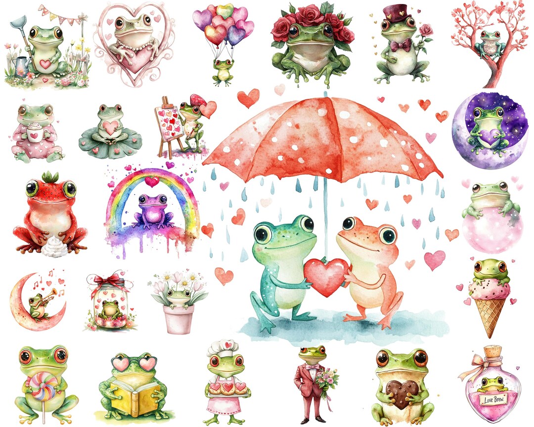 Valentine Frog PNG Clipart Bundle, Watercolor Amphibian Hearts ...