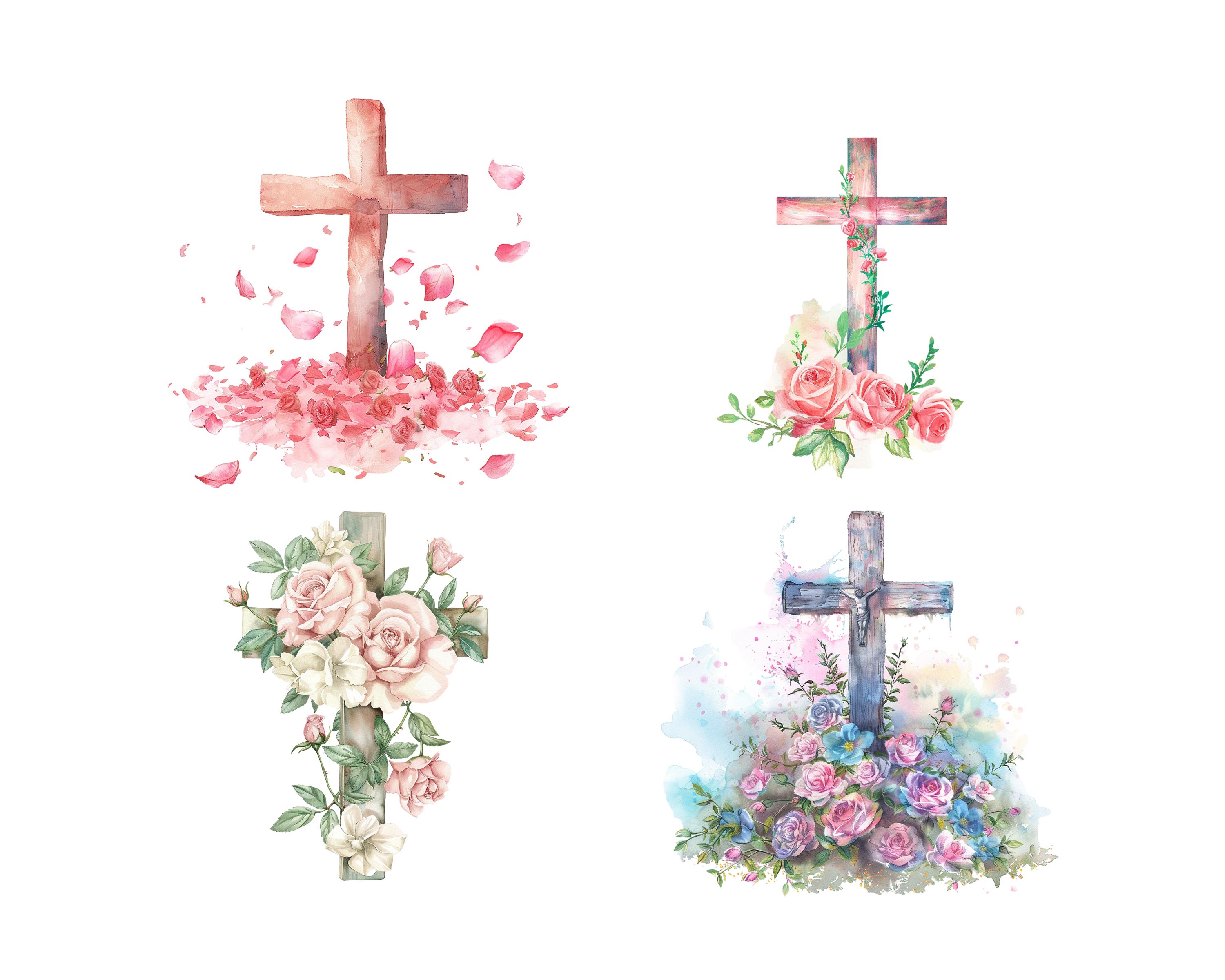 Watercolor Pastel Rose Cross PNG Clipart Bundle, Floral Crucifix ...