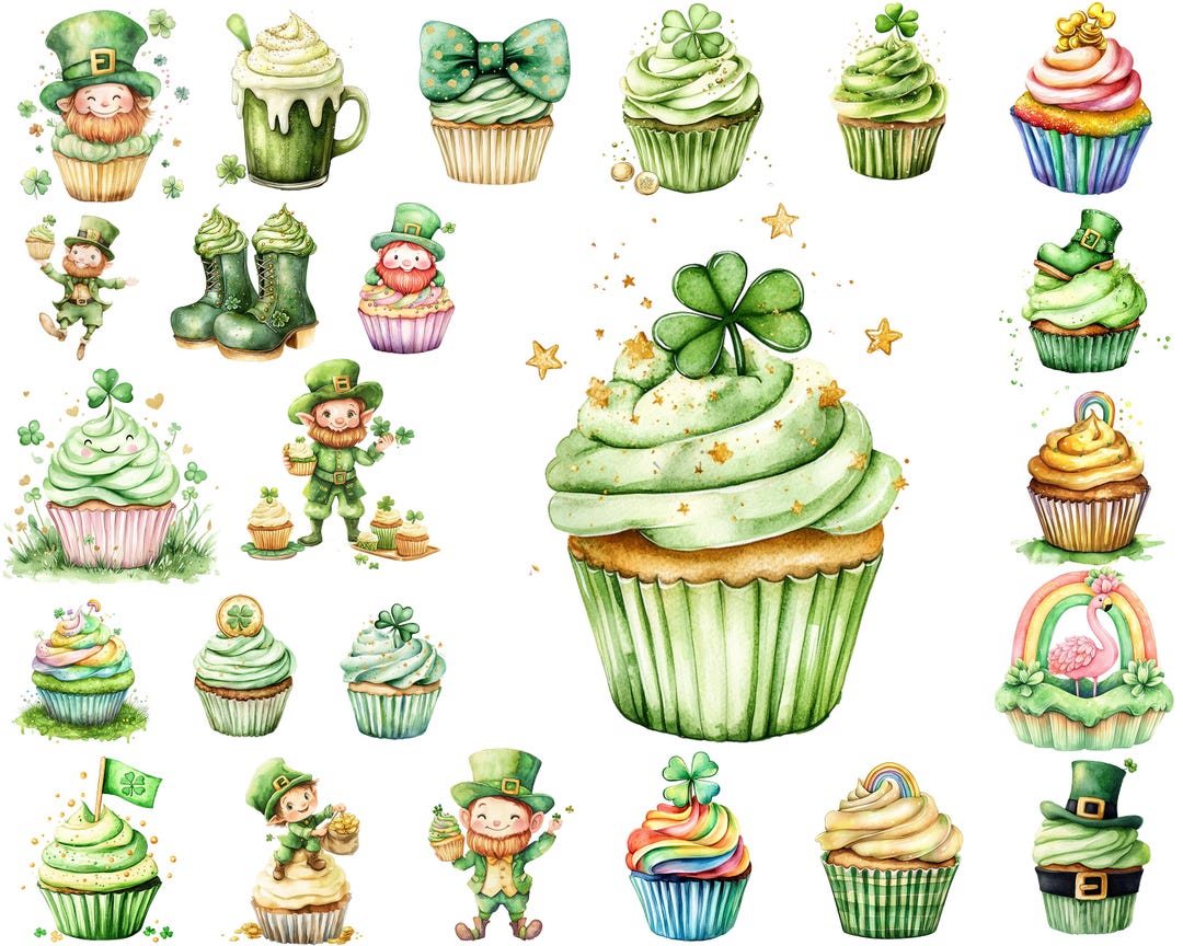 St. Patrick's Day Leprechaun Cupcakes PNG Clipart Bundle, Watercolor ...