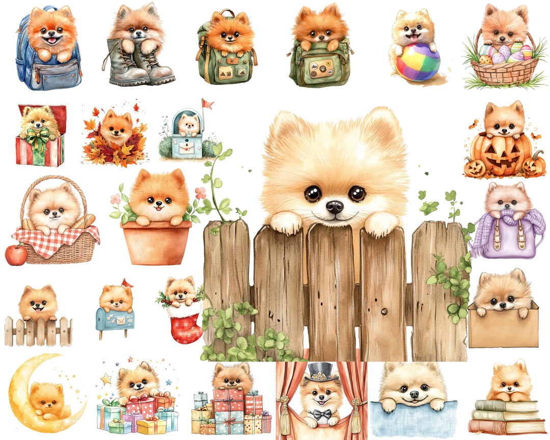 Pomeranian Peeking PNG Clipart Bundle, Pom Dogs Over Fence, Pumpkin ...