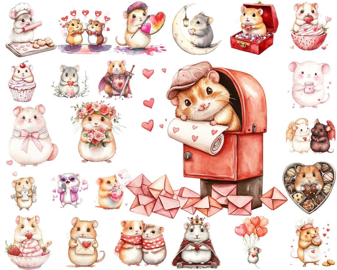 Valentine Hamster PNG Clipart Bundle, Watercolor Cute Hamsters, Love ...