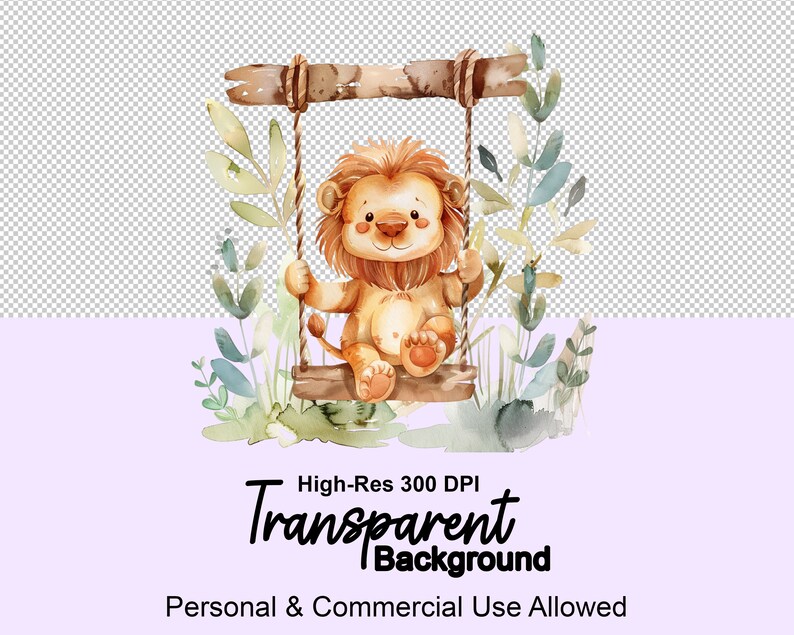 Watercolor Baby Animal on Swing Png Clipart Bundle, Cute Baby Safari ...
