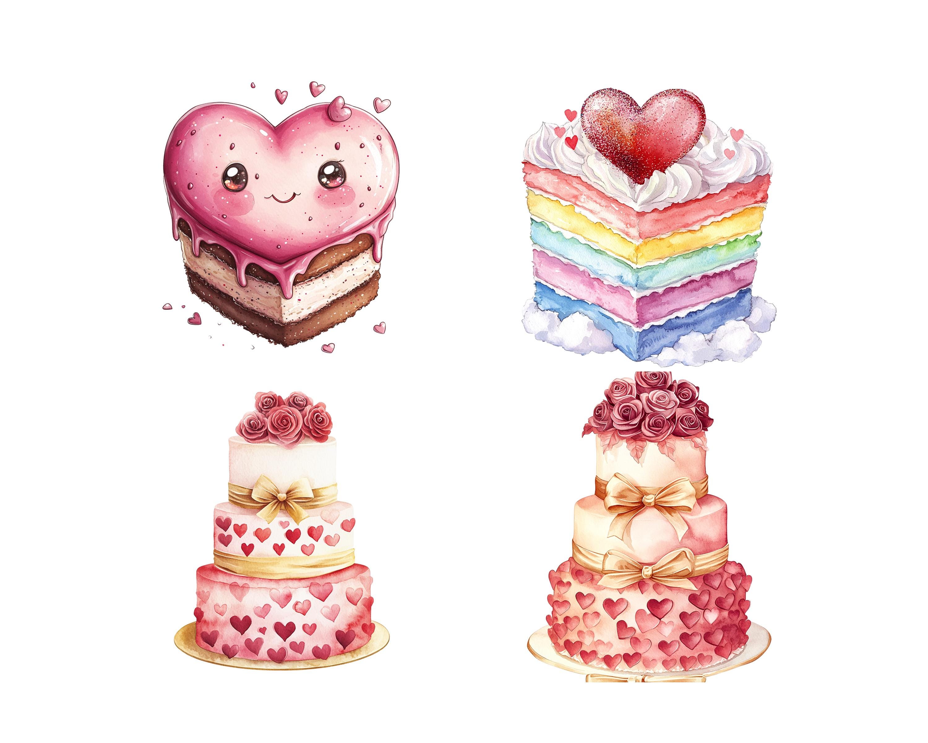 Valentine Cake PNG Clipart Bundle, Watercolor Heart Romantic Cupcake ...