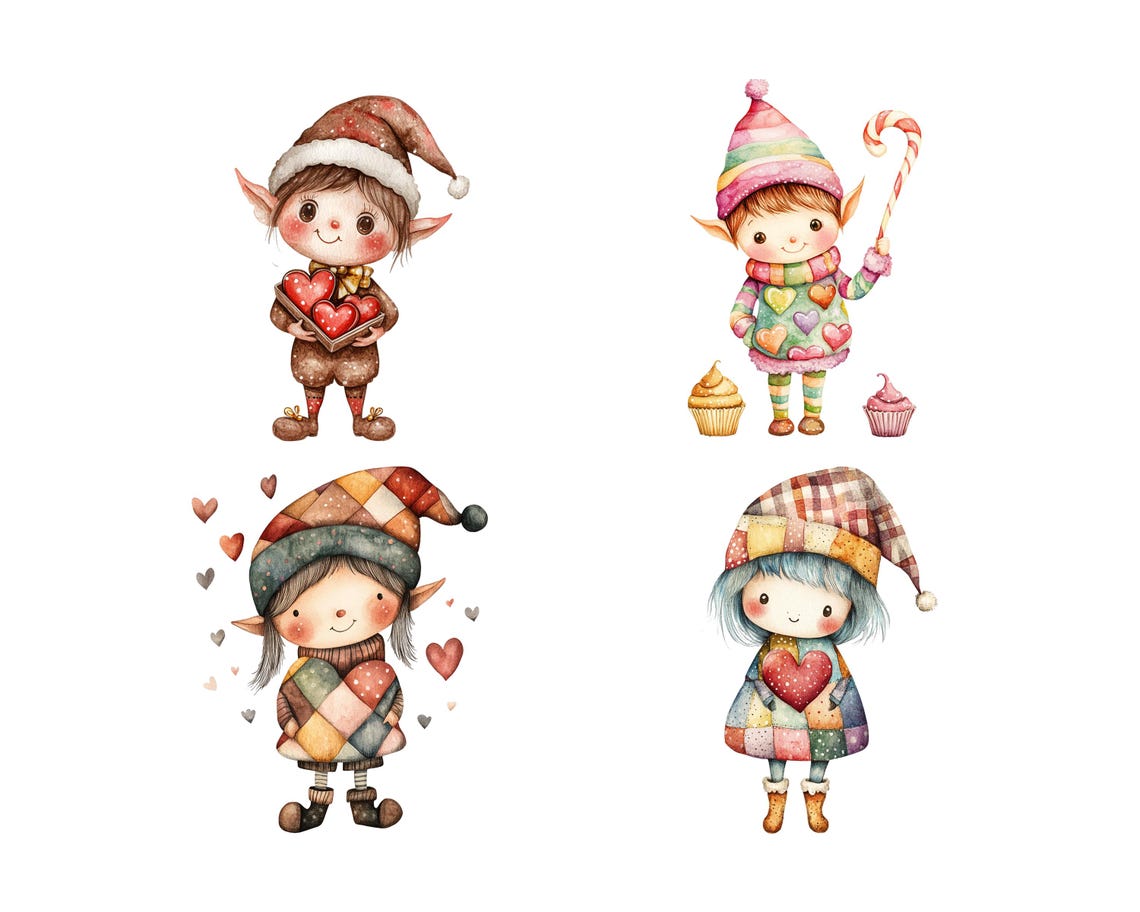 Watercolor Valentine Elf Clipart Bundle: Love Hearts (PNG, Commercial ...
