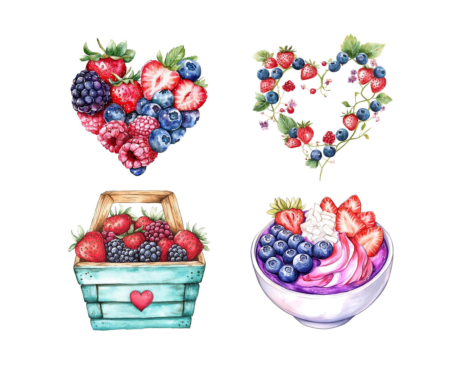 Valentine Berry PNG Clipart Bundle, Watercolor Strawberries ...