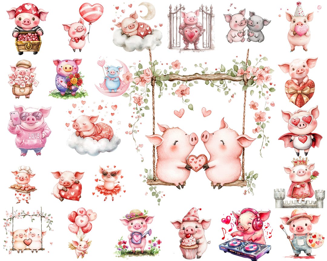 Valentine Pig PNG Clipart Bundle, Watercolor Love Pigs, Heart Balloons ...