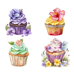 Watercolor Summer Flowers Cupcake PNG Clipart Bundle, Bakery Dessert ...