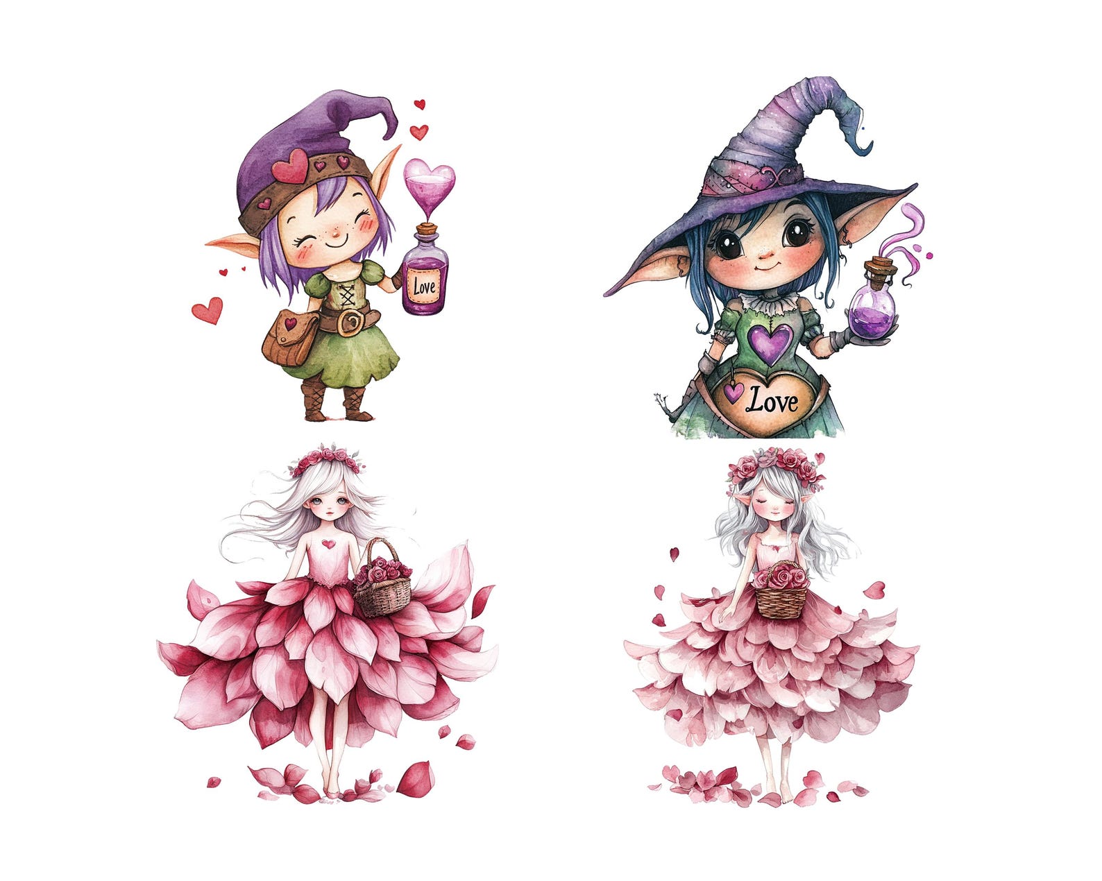 Watercolor Valentine Elf Clipart Bundle: Love Hearts (PNG, Commercial ...
