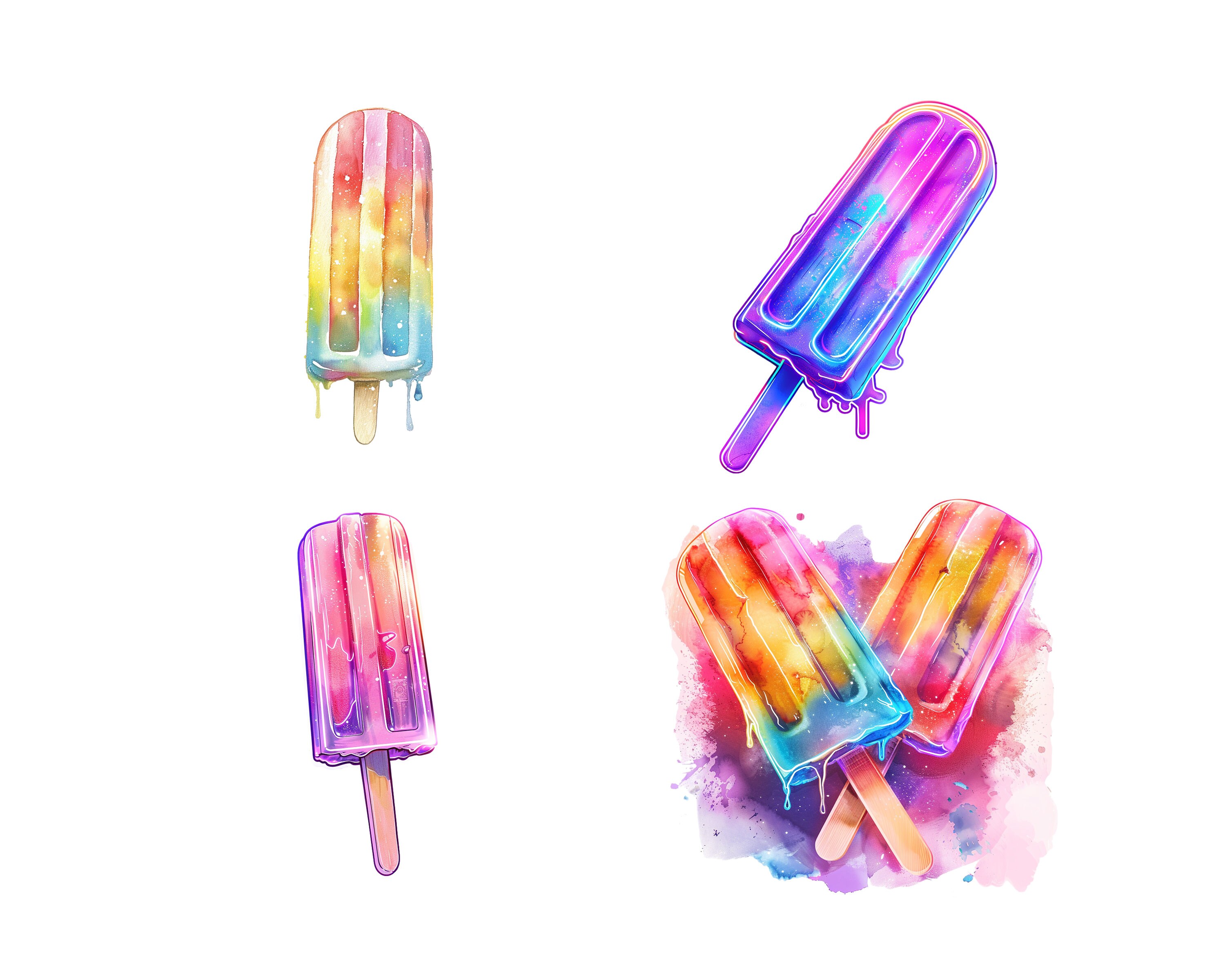 Watercolor Popsicles PNG Clipart Bundle, Summer Treats, Rainbow Juicy ...