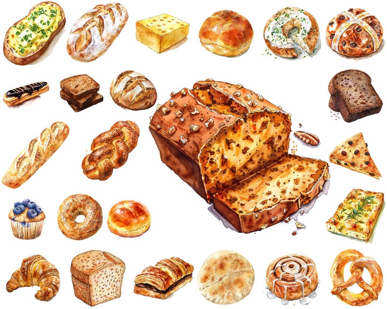 Watercolor Bread Baked Food PNG Clipart Bundle, French Baguette Pretzel ...