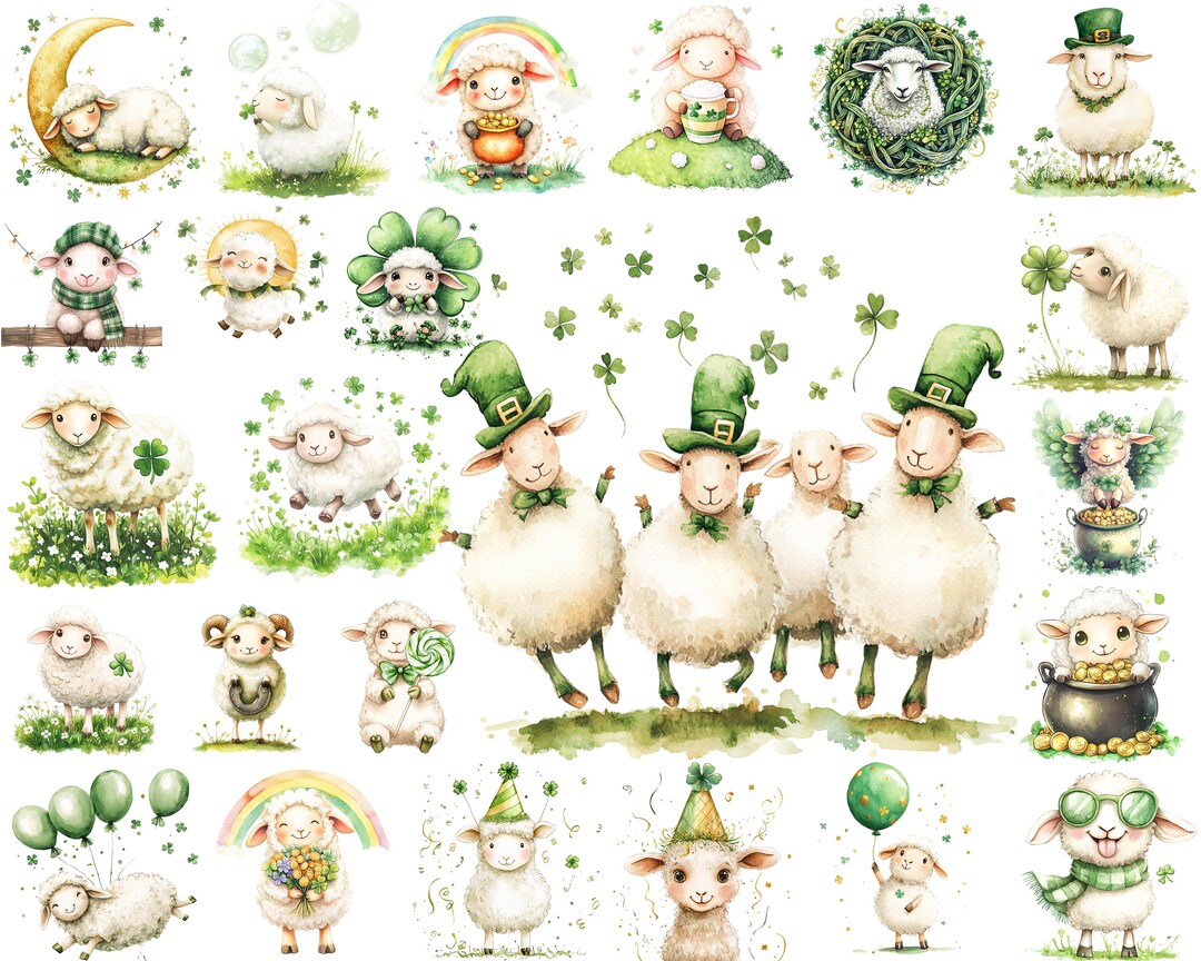 St. Patrick's Day Sheep PNG Clipart Bundle, Watercolor Lucky Sheep ...