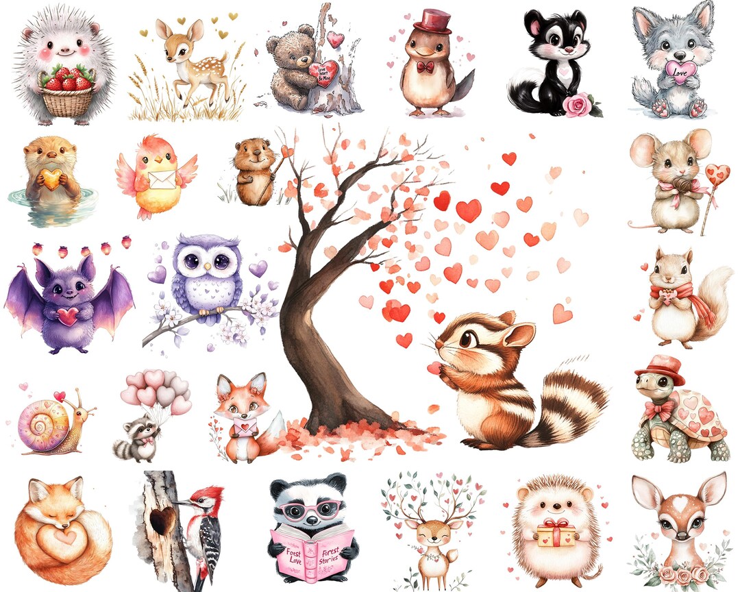 Valentine Watercolor Woodland Animals Clipart: Love Hearts (PNG ...