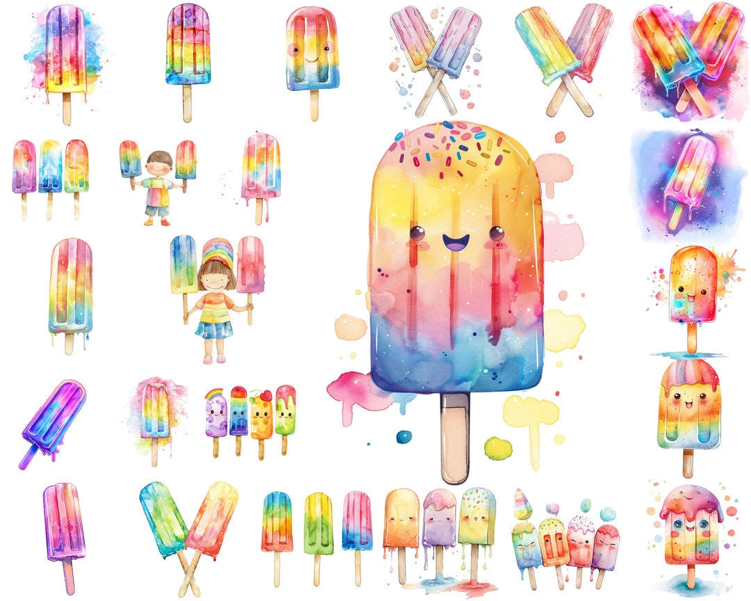 Watercolor Popsicles PNG Clipart Bundle, Summer Treats, Rainbow Juicy ...