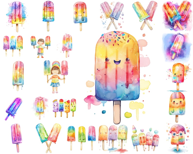 Watercolor Popsicles PNG Clipart Bundle, Summer Treats, Rainbow Juicy ...