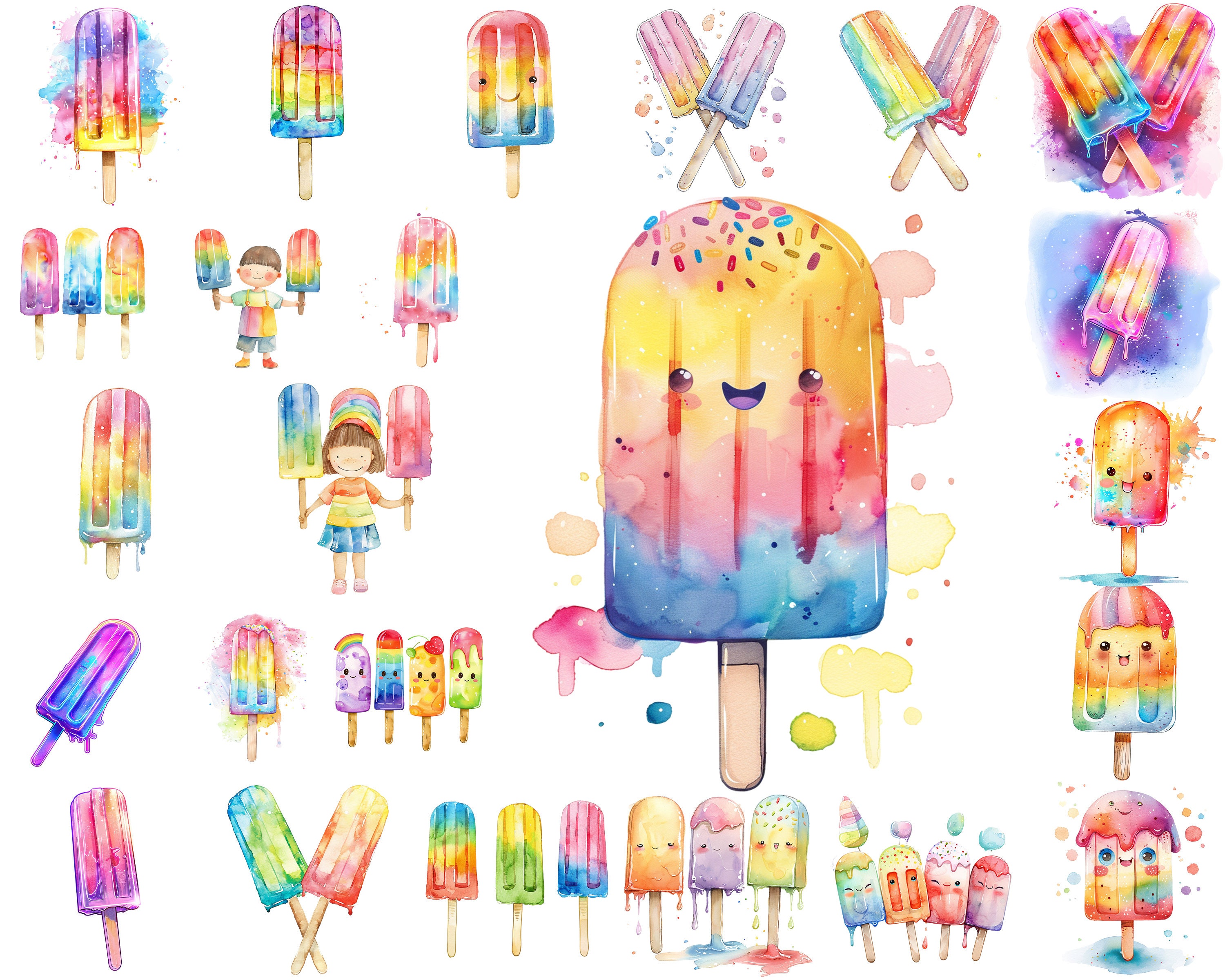 Watercolor Popsicles PNG Clipart Bundle, Summer Treats, Rainbow Juicy ...