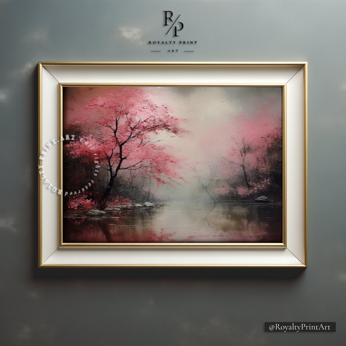 PRINTABLE Vintage Wall Art Print Romantic Pink Tree River Bank Dreamy ...